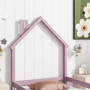 Twin Size Platform Bed, Wooden Platform Bed Frame with House-Shaped Headboard, Floor Bed with Fences for Kids Boys Girls Bedroom (Pink 01)