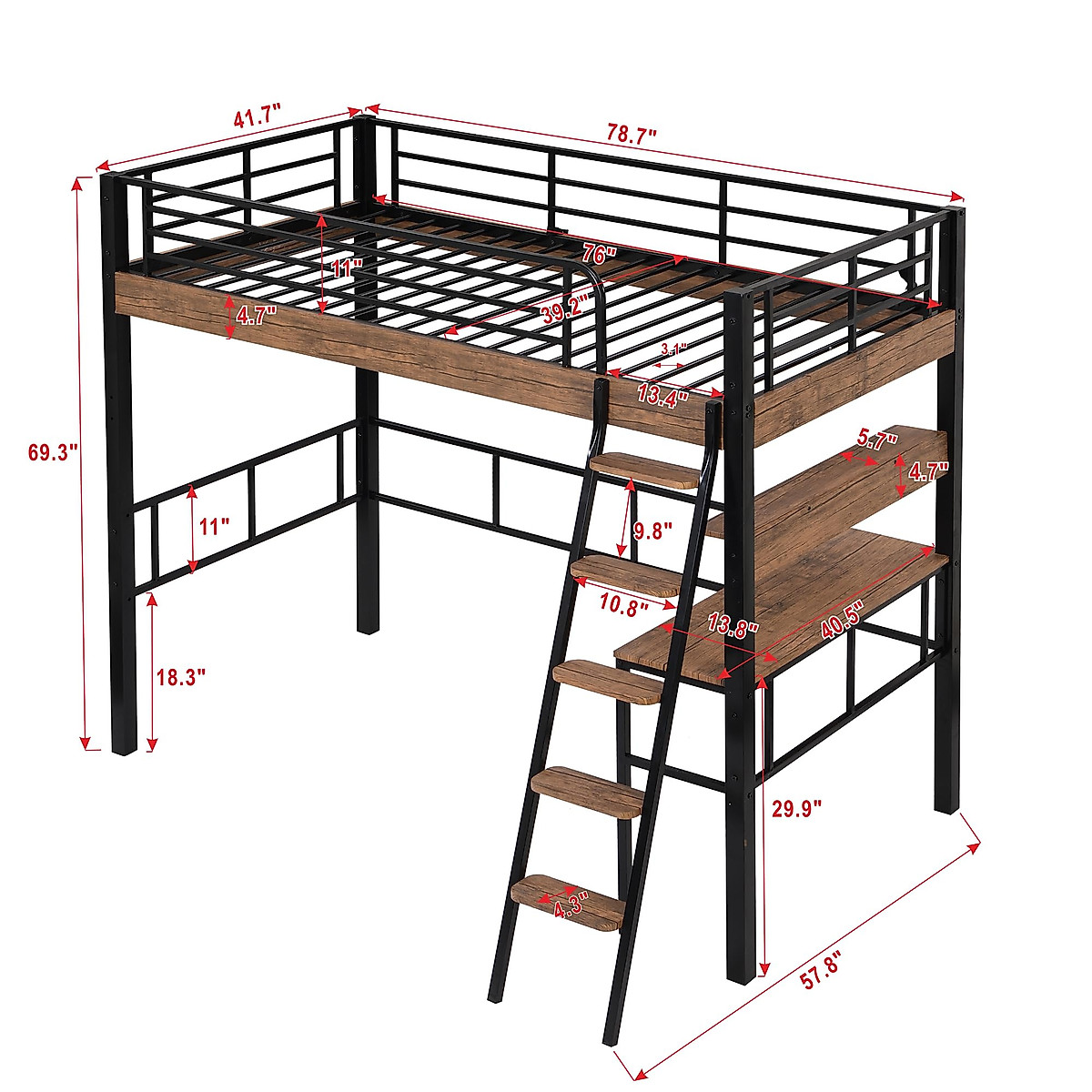 Twin Loft Bed with Desk and Storage Shelf, Metal Loft Bed Twin Size with Wider Ladder and Full Length Guardrail, Twin Size Loft Bed for Kids, Teens, Twin Loft Bed Black+Natural