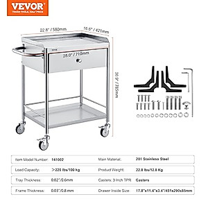 VEVOR Medical Trolley, Dual-Tier Stainless Steel Trolley with a 220 lbs Load Limit, Equipped with Quiet 360° Casters and a Drawer, Ideal for Laboratories, Clinics, Kitchens, and Salons