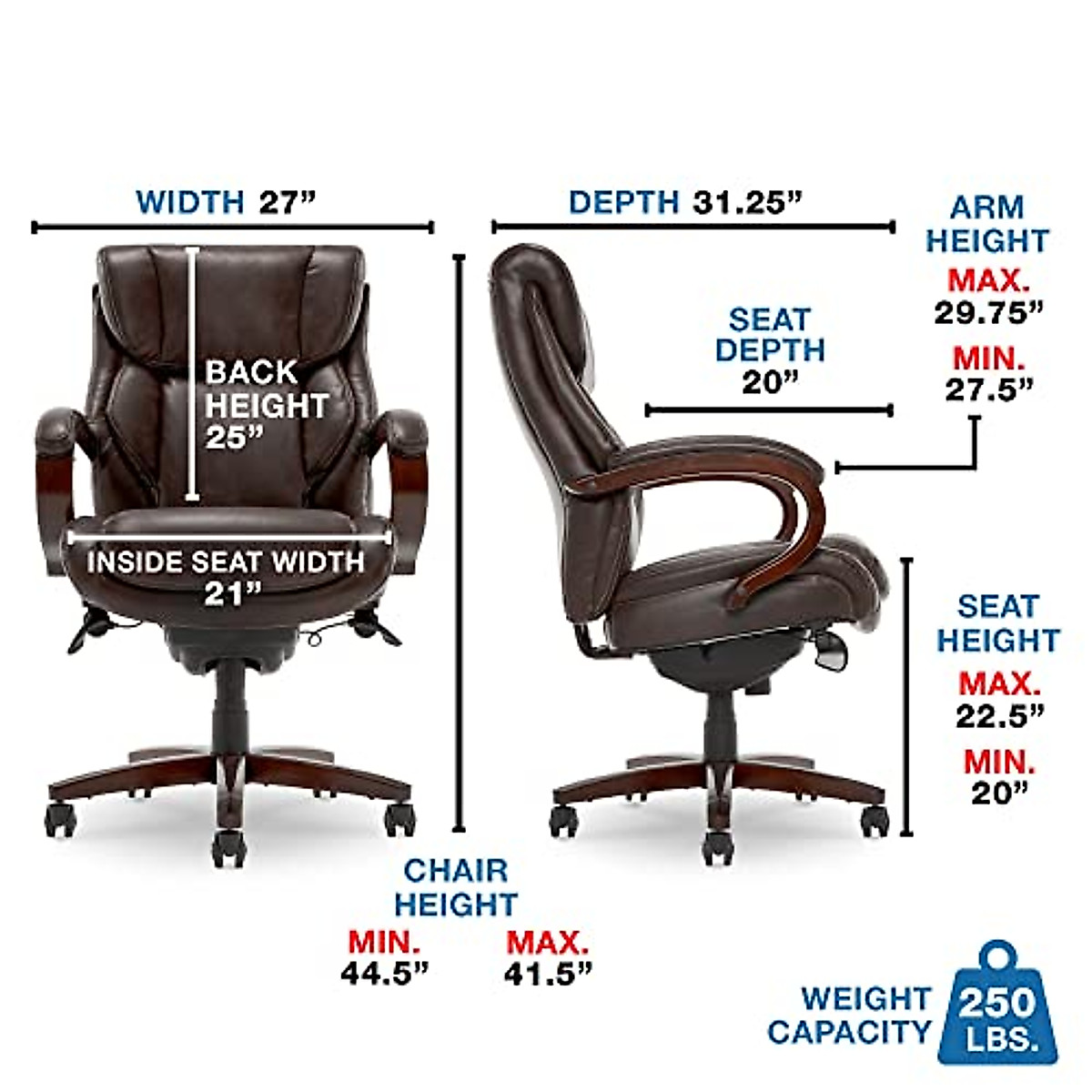 La-Z-Boy Bellamy Bonded Leather Executive Office Chair with Memory Foam Cushions, Brown