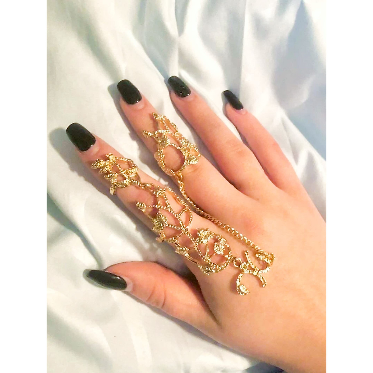 Full Finger Ring for Women Hand Chain Leaf Charm Finger Ring Bracelet with Chain Knuckle Open Long Finger Ring Hand Chains Adjustable Ring Bracelet Hand Chain Jewelry(Gold）