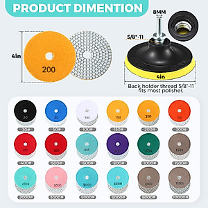 Blosssound 20 Pcs 4 Inch Diamond Polishing Pads with 5/8''-11 Backer Pad and Drill Bit Adapter Wet Dry Polish Pad Kit Granite Polishing Kit 30-10000 Grit Pads for Granite Marble Stone Polishing