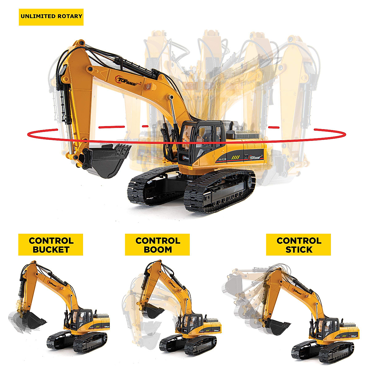 Top Race Full Metal Adult RC Hydraulic Excavator Truck - 23-Channel Remote Control Excavator Toy with Claw Grabber - Rechargeable 2000mAh Battery, Smoke Simulated, RC Trucks, 180 Lbs Capacity