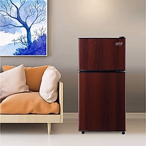 QIYO 3.5 Cu.Ft Compact Fridge-Freezer Combo, Enhanced Freshness Technology, Energy-Efficient Dual Doors, 7-Tier Temperature Control for Kitchen, Dorm, Bar, Office, Apartment - Wooden Finish