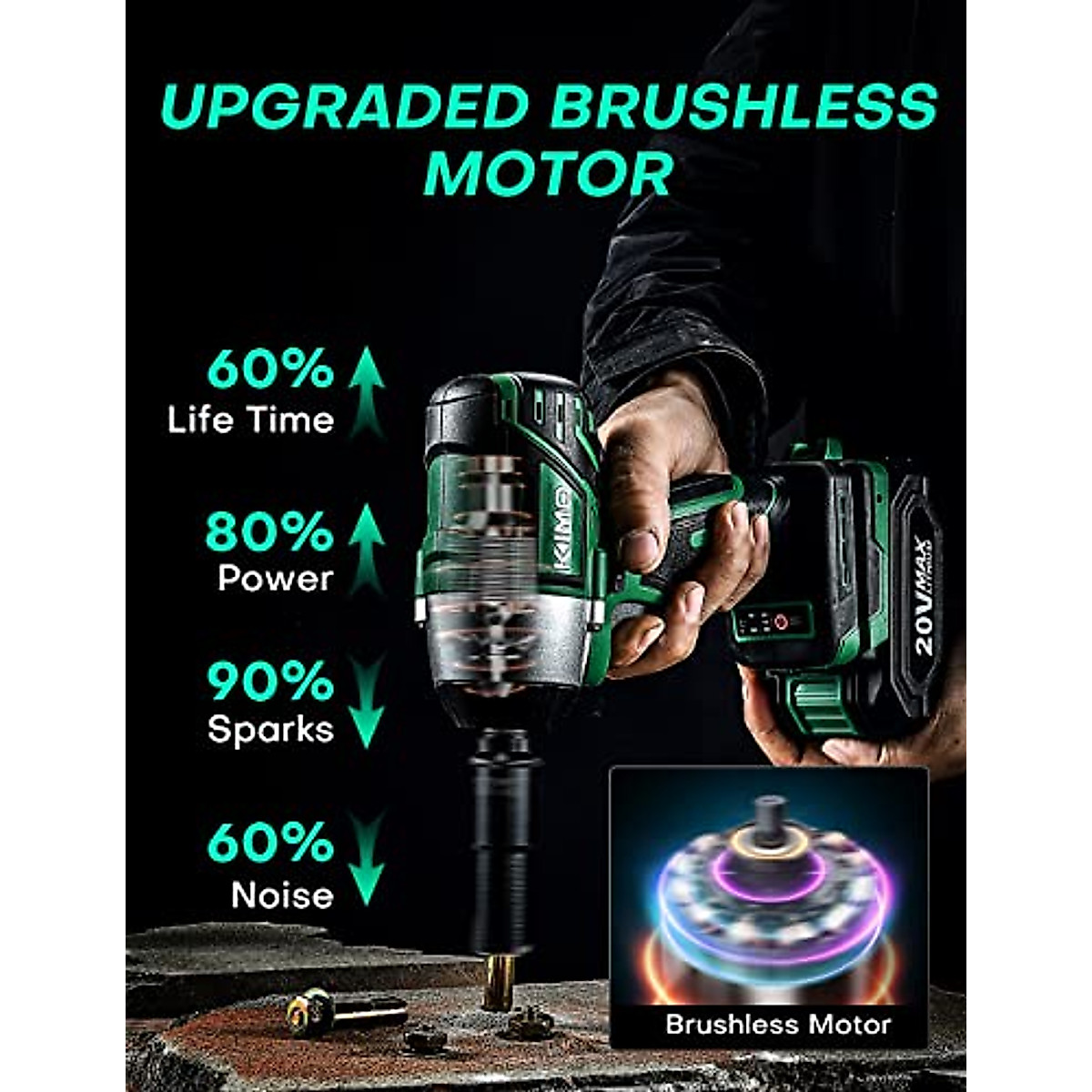 K I M O 1/2 Inch Cordless Impact Wrench, Green, Metal