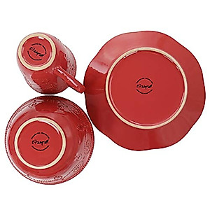 Elama Embossed Scalloped Round Stoneware Dinnerware Dish Set, 16 Piece, Red with Brown Accents