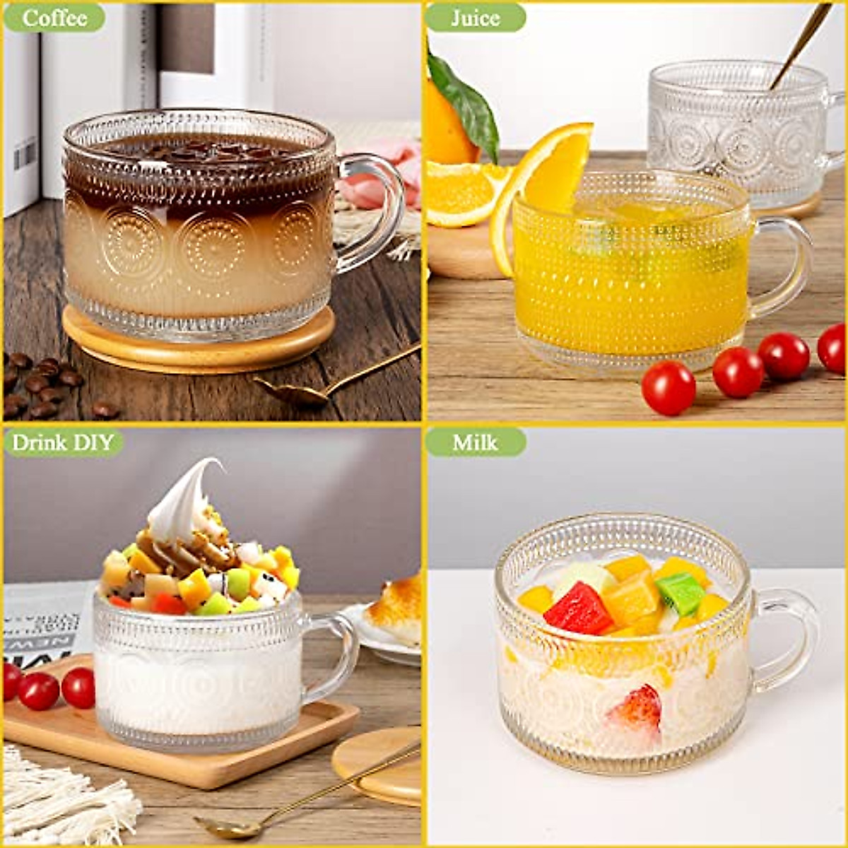 megarte Vintage Glass Coffee Mugs - 14 Oz Embossed Glass Mugs with Bamboo Lids and Golden Spoons Set Of 4 - Coffee Cups for Cappuccino, Latte, Cereal, Yogurt, Tea Christmas Thanksgiving Gifts