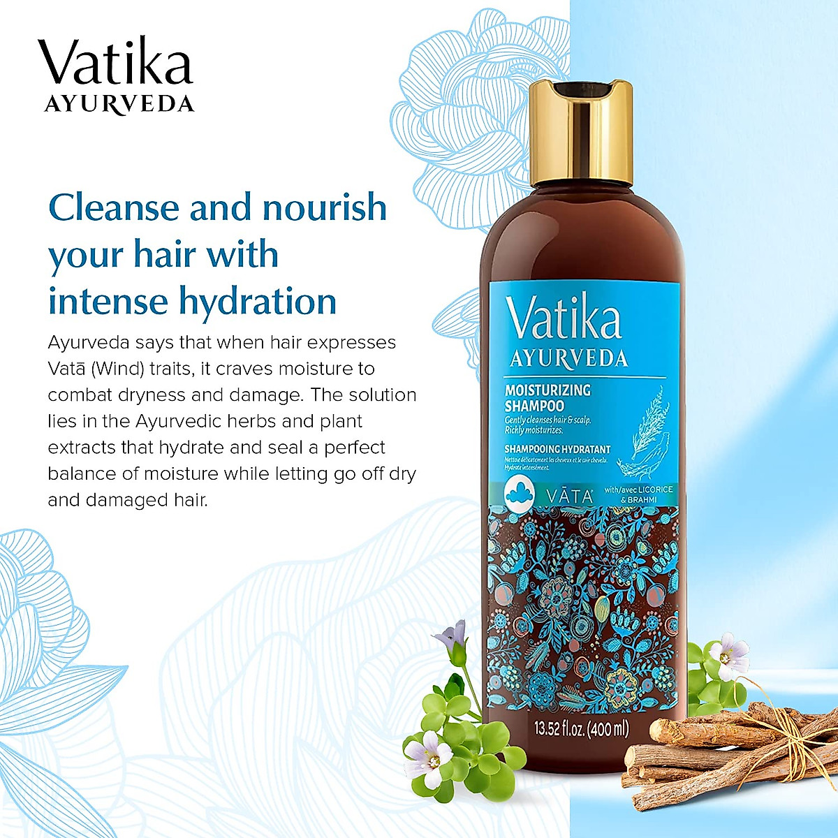 Vatika Ayurveda Moisturizing Shampoo For Dry, Damaged, Frizzy and Curly Hair, Deep Hydration & Moisture For Scalp and Hair Health - Natural Oils from Licorice Root & Bacopa Monnieri, 400 ml (For Vatā)