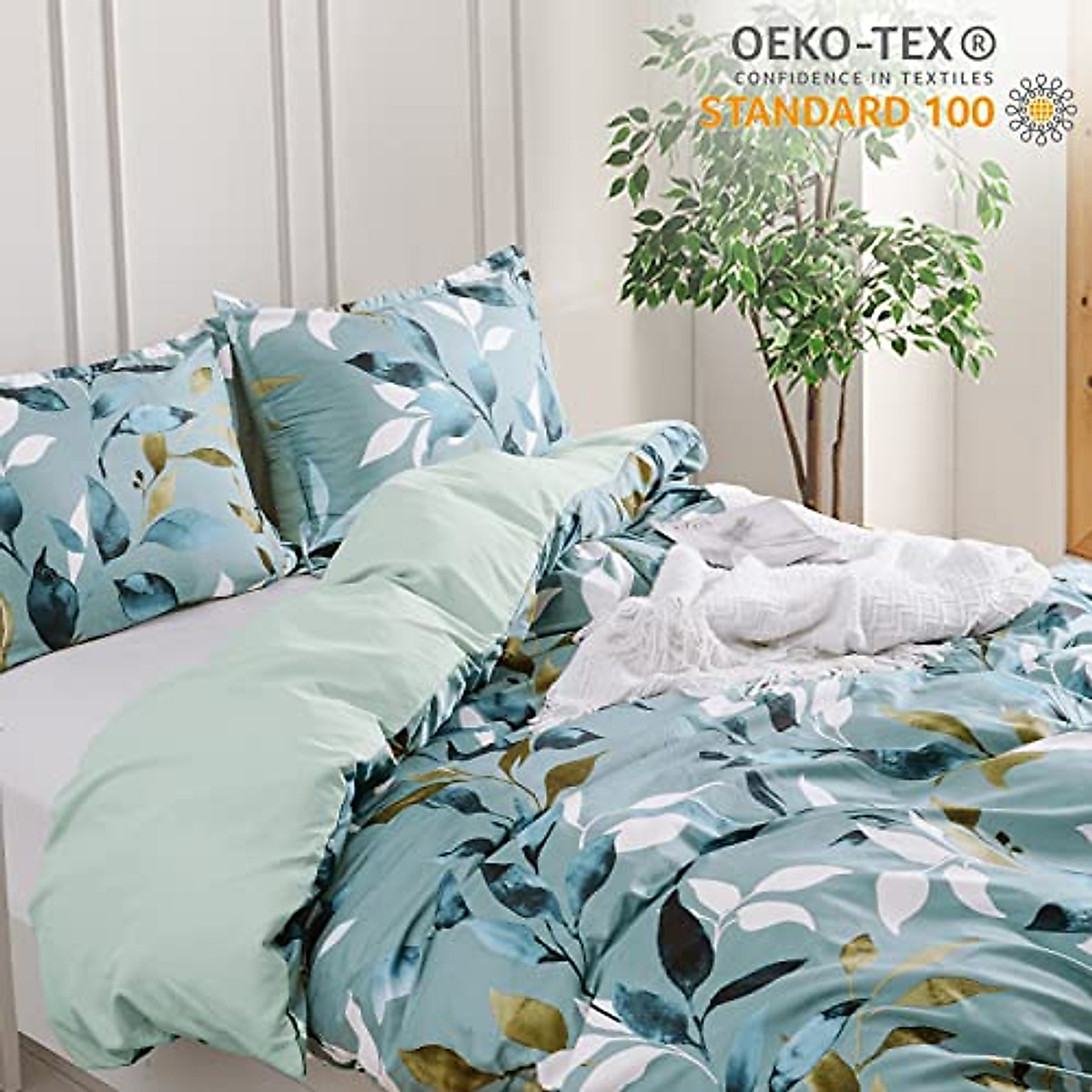 PHF Washed Soft Duvet Cover Set Queen Size, 3PCS Stylish Botanical Comforter Cover Set, Ultra Soft Comfy Durable Chic Duvet Cover with Pillow Shams Bedding Collection, 90" x 90", Sage Green Botanical