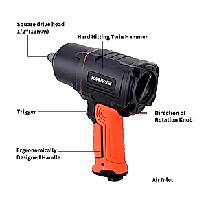 MANUSAGE Air Impact Wrench 1/2 inch with Twin Hammers, Pneumatic Heavy Duty Tools, 1200 ft-lbs Powerful Torque Output,7000RPM, Forward/Reverse, Speed Control, RP9510, Black, Red