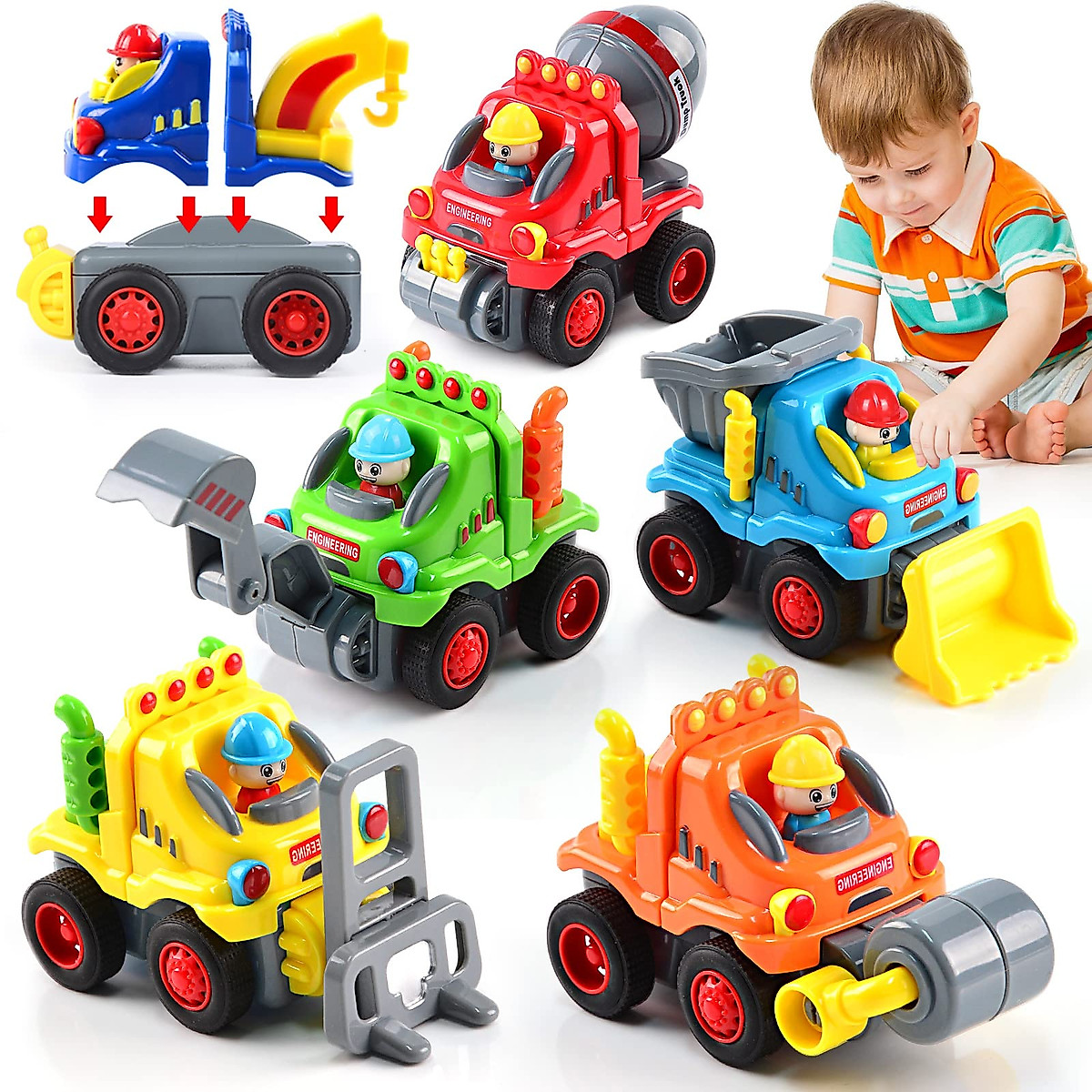 6PACK Baby Toy Cars for 1 Year Old Boy Construction Vehicle Friction Powered Cars Toddler Toys for 1 2 3 Year Old Boy Push & Go Cars Toy Trucks for Toddlers 1-3 Baby Toys 12-18 Months Boys Girl Gift