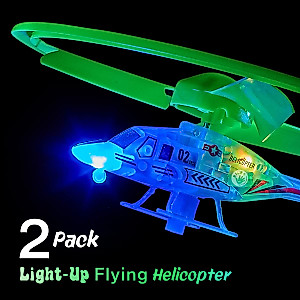 Kicko Flying Light-Up Toy - 2 Pack Ripcord Helicopter for Night Glow, Outdoor Playtime, Novelty, Rocket Flyer, Party Favor and Supply