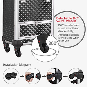Topeakmart Professional Large Makeup Case, Professional Rolling Cosmetic Organizer Trolley, Portable Travel Makeup Train Case, With Drawer, Locks and Wheels - Black