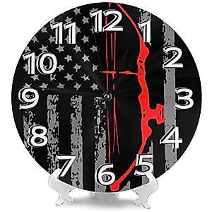 BUSHUO Archery Bow Hunting Us Flag Wall Clock Waterproof Decorative Clocks Lightweight Clock with Roman Numeral Hands Durable Round Wall Clock for Living Room Classroom Patio Bedroom