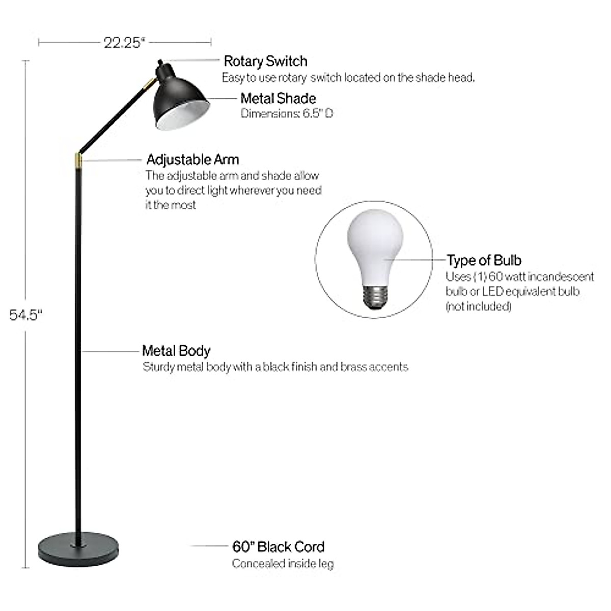 Catalina 20093-001 Modern Adjustable Metal Floor Lamp with Brass Accents, 54.5", Classic Black
