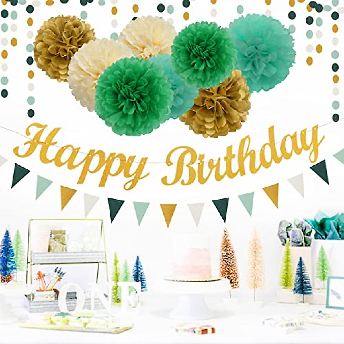Sage-Green Beige-Gold Birthday Decorations - 31pcs Party Kits Happy Birthday Banner Flags,Tissue Paper Pom Poms,Tassel Streamers Garland Decor for 13th 18th 21th Princess Girl Woman Panduola