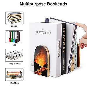 Magma Volcanoes Eruption Wooden Bookends 1 Pair Book Stand Anti-Skid Book Organiser for Office Desktops Shelves CDs Decor