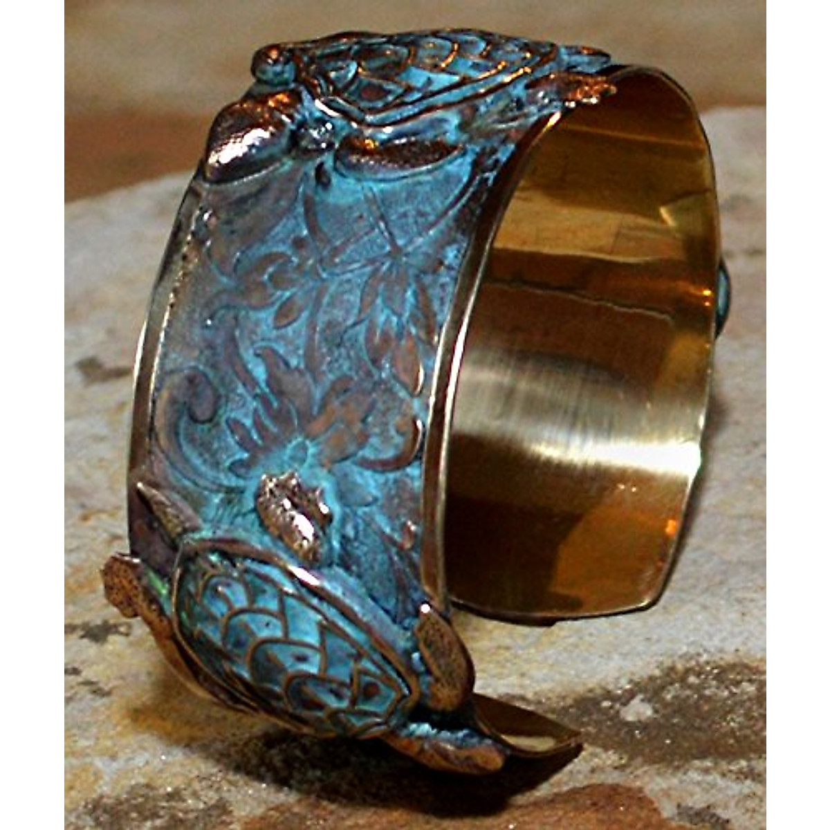 Elaine Coyne Collectible Artwear Classic Sea Turtle Cuff Bracelet - Verdigris Patina Brass