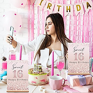Vlipoeasn Sweet 16 Birthday Table Decoration for Girls, Rose Gold Glitter 16th Happy Birthday Poster, Sweet 16 Acrylic Table Sign with Wooden Stand, 16 Years Old Birthday Centerpieces