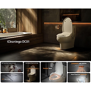 DC01 iCleaningo bidet auto open and close,Bidet Attachment For Toilet Warm Water,Heated Bidet Toilet Seat Elongated,Bidet Seat Dryer,Vortex Sprayer, Auto Nightlight,White,Elongated,3 Year Warranty