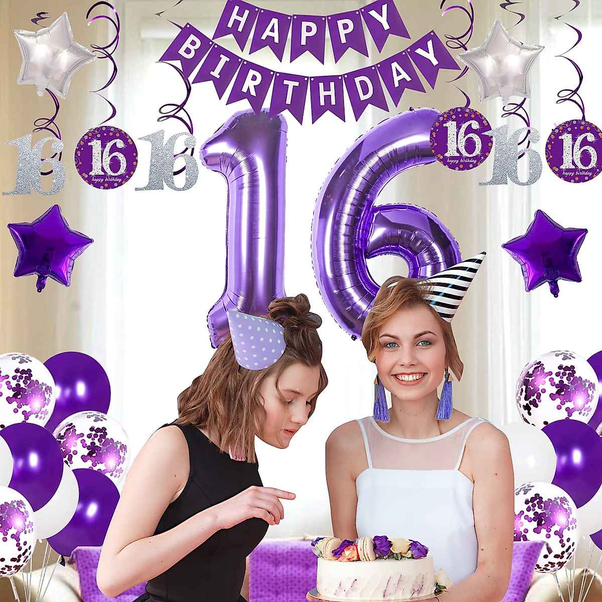 Sweet 16 Birthday Decorations, Purple 16th Birthday Party Decorations for Girls Boys Teenager, HAPPY BIRTHDAY Banner Bolloons Silver Number 16 Balloons for Him & Her 16 Years Old Birthday Party