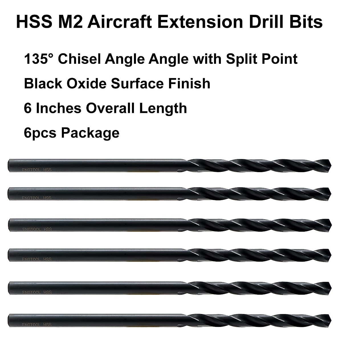MAXTOOL 3/32"x6" 6pcs Identical Aircraft Extension Drills HSS M2 Extra Long Deep Twist Drill Bits Straight Shank Fully Ground Black; ACF02B06R06P6