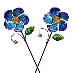 Viveta 2 Pack Wind Spinners with Metal Stake, 28.7 inches Outdoor Garden Pinwheels Spinners Blue Flower Shape Design for Yard Lawn Patio Decor