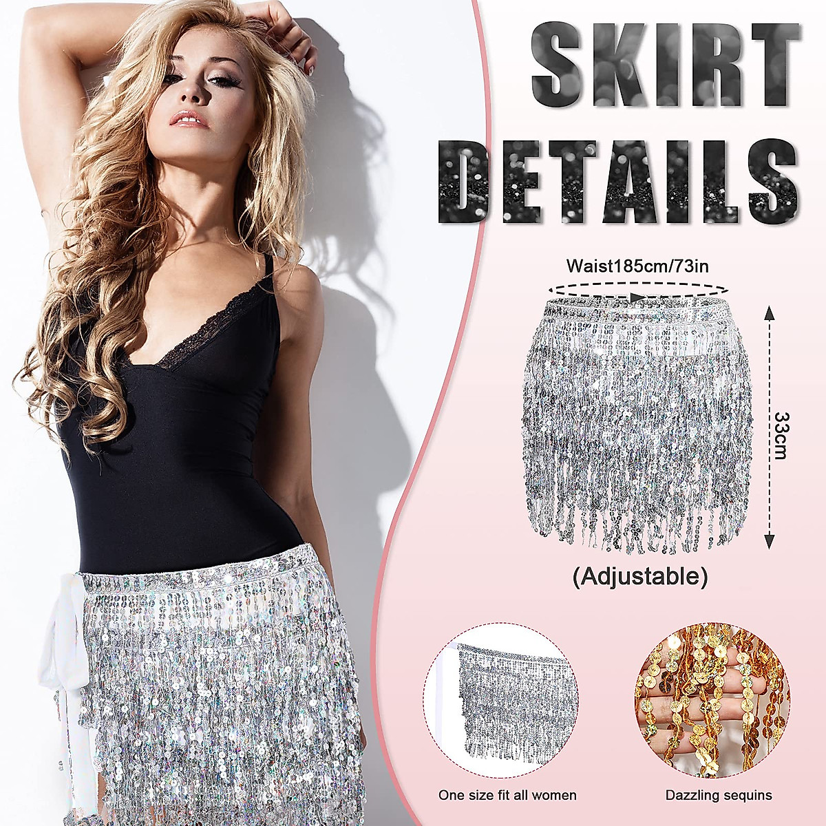 Sequin Fringe Skirts Belly Dance Skirt Festival Tassel Skirt Hip Scarf Wrap Outfit Costumes for Women and Girls (Silver, Gold)