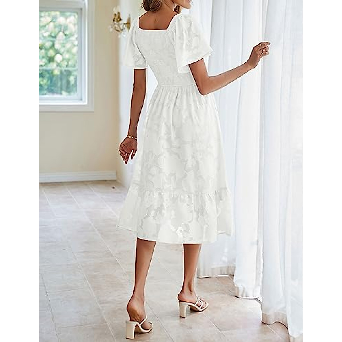 MEROKEETY Womens 2023 Summer V Neck Ruffle Sleeve Floral Dress Lace Flowy Smocked Midi Dresses,White,S