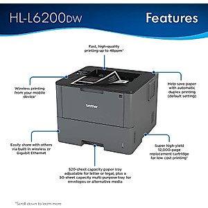 Brother HL-L62 Series Compact Monochrome Laser Printer, 48ppm, 520 Sheets, Wireless, Mobile Printing, Auto 2-Sided Printing, with MTC Printer Cable
