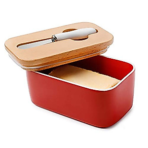 Sweese 324.104 Large Butter Dish with Knife - Airtight Butter Keeper Holds Up to 2 Sticks of Butter - Porcelain Container with Beech Wooden Lid, Red