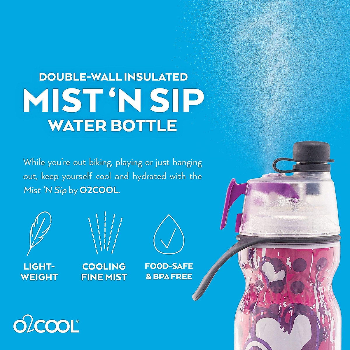 O2COOL Mist 'N Sip Misting Water Bottle 2-in-1 Mist And Sip Function With No Leak Pull Top Spout (Hearts)