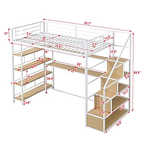 3 in 1 Design Full Size Loft Bed with Storage Staircase, Heavy Duty Metal Loft Bed Frame with Built-in Desk,3-Tier Storage Shelves and Guardrails for Bedroom Guest Room Apartment, Space Saving