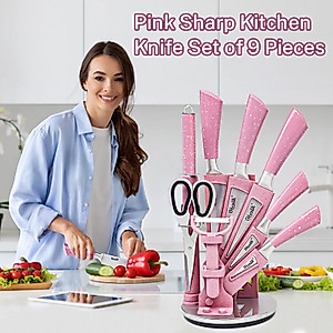 Kitchen Knife Set, Retrosohoo 9PC Pink Wheat Straw Sharp Cooking Knife Set with Acrylic Stand, Stainless Steel Non-stick Chef with Comfortable Handle for Slicing Cutting Peeling Chopping (Pink)