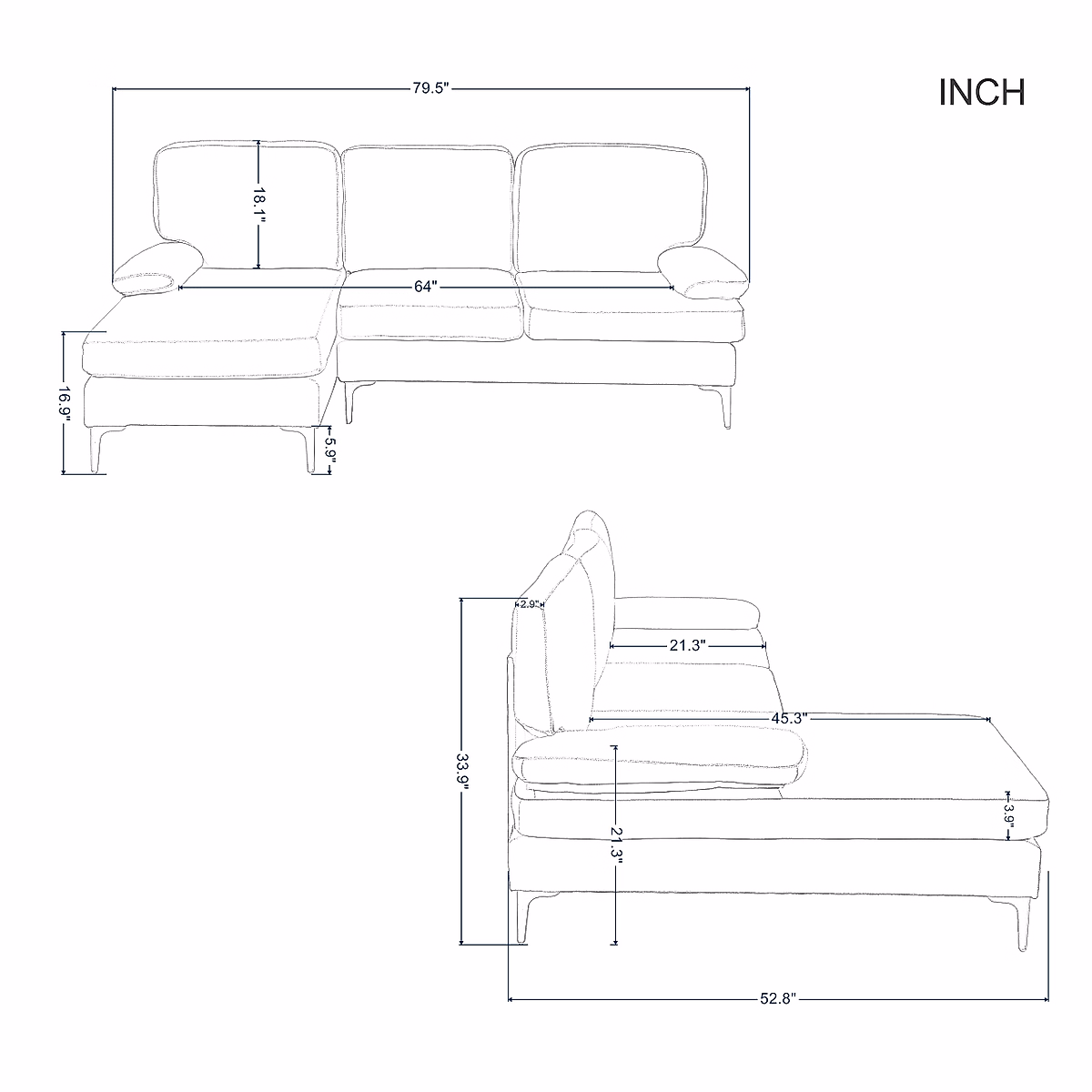 Lepfun 79.5" Modern Sectional Chaise Lounge, L Shaped Corner Living Room Small Spaces, Comfy Sofa & Couch with Solid Wood Frame, Detachable Pillow-Top Armrest, Black