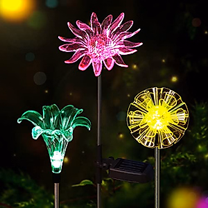 Solar Garden Lights Outdoor - 3 Pack LED Figurine Stake Lights Solar Powered, Decorative Multi-Color Changing Flower Landscape Lighting Dandelion Lily Sunflower for Path Yard Lawn Halloween Christmas