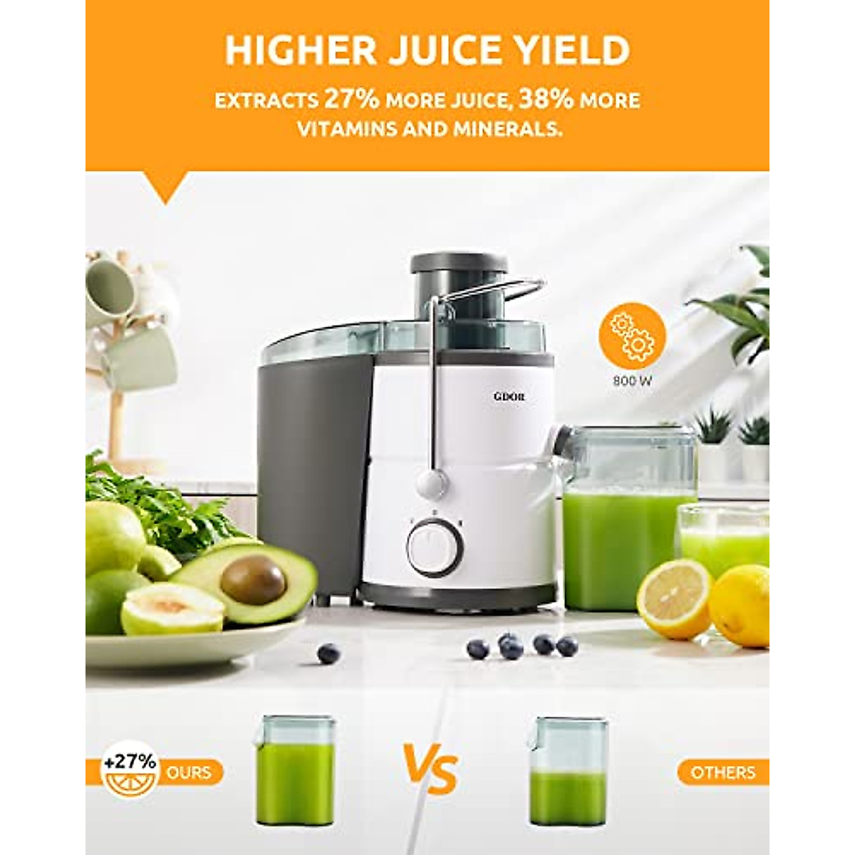 GDOR Juicer with 800W Motor, Juicer Machine with Big Mouth 3” Feed Chute, Dual Speeds Juice Maker for Fruits and Veggies, Anti-Drip Function Centrifugal Juicer, Include Cleaning Brush, BPA-Free, White