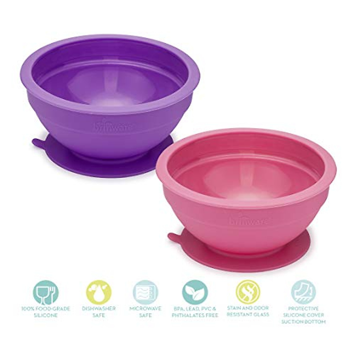 brinware 2 Piece Glass and Silicone Suction Bowls, Pink Purple