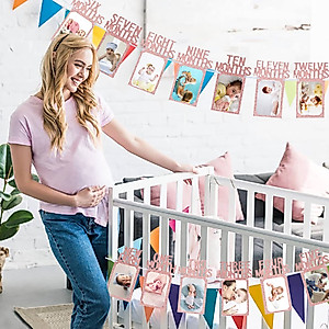 Newmemo 1st Birthday Baby Photo Banner for Girls Baby First Birthday Photograph Banner From Newborn to 12 Month Rose Gold Monthly Milestone Bunting Garland Safari Jungle Baby Shower Birthday Decor