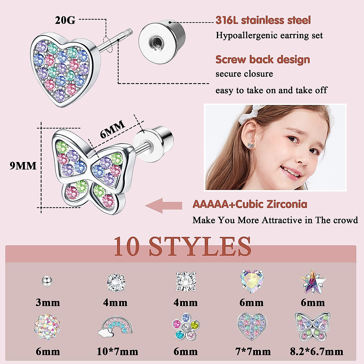 YADOCA 10 Pairs Hypoallergenic Screwback Earrings for Women girls age over 3 years old 316L Stainless Steel CZ Heart Screw Back Earring Multicolored Flower Butterfly Stud Earrings Set