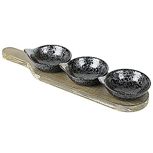 MyGift Rustic Brown Solid Wood Serving Tray and Ceramic Condiment Bowl Set Includes Speckled Black Dipping Sauce Bowls for Dips, Sauces, Toppings and Appetizers