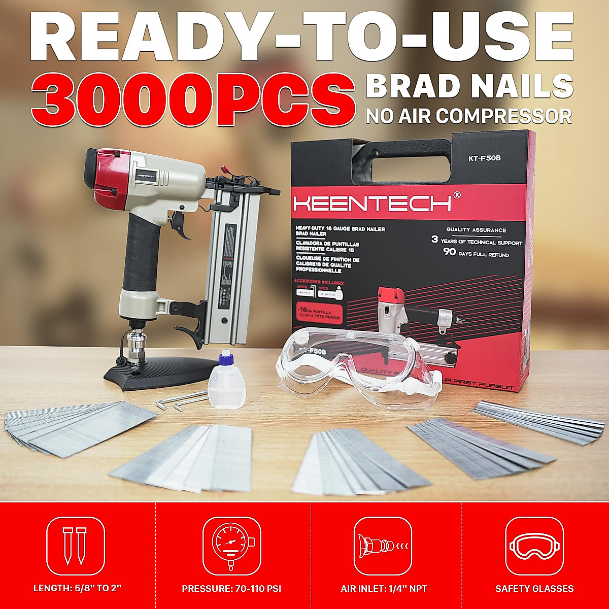 KEENTECH Pneumatic Brad Nailer 18 Gauge with Nails, 5/8" to 2", 3000pcs, Industrial Air Brad Nailer for Long Duration Wood Project, Tool-Free Jamming Release, Ready-to-use Nail Gun, No Air Compressor