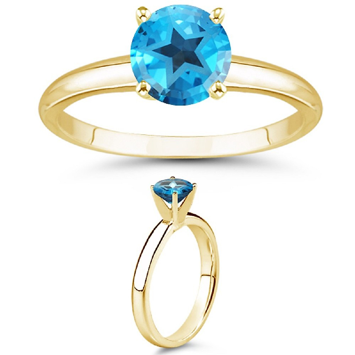 Vogati 4.70-5.40 Cts of 10 mm AAA Texas Star Cut Swiss Blue Topaz Ring in 14K Yellow Gold-9.0