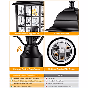 VIANIS Lamp Post Light Fixture with Mount Base, Modern Black Exterior Post Lantern Fixture with Tempered Glass, Anti-Rust Aluminum Light Posts for Outside for Driveway, Backyard Patio Garden, E26