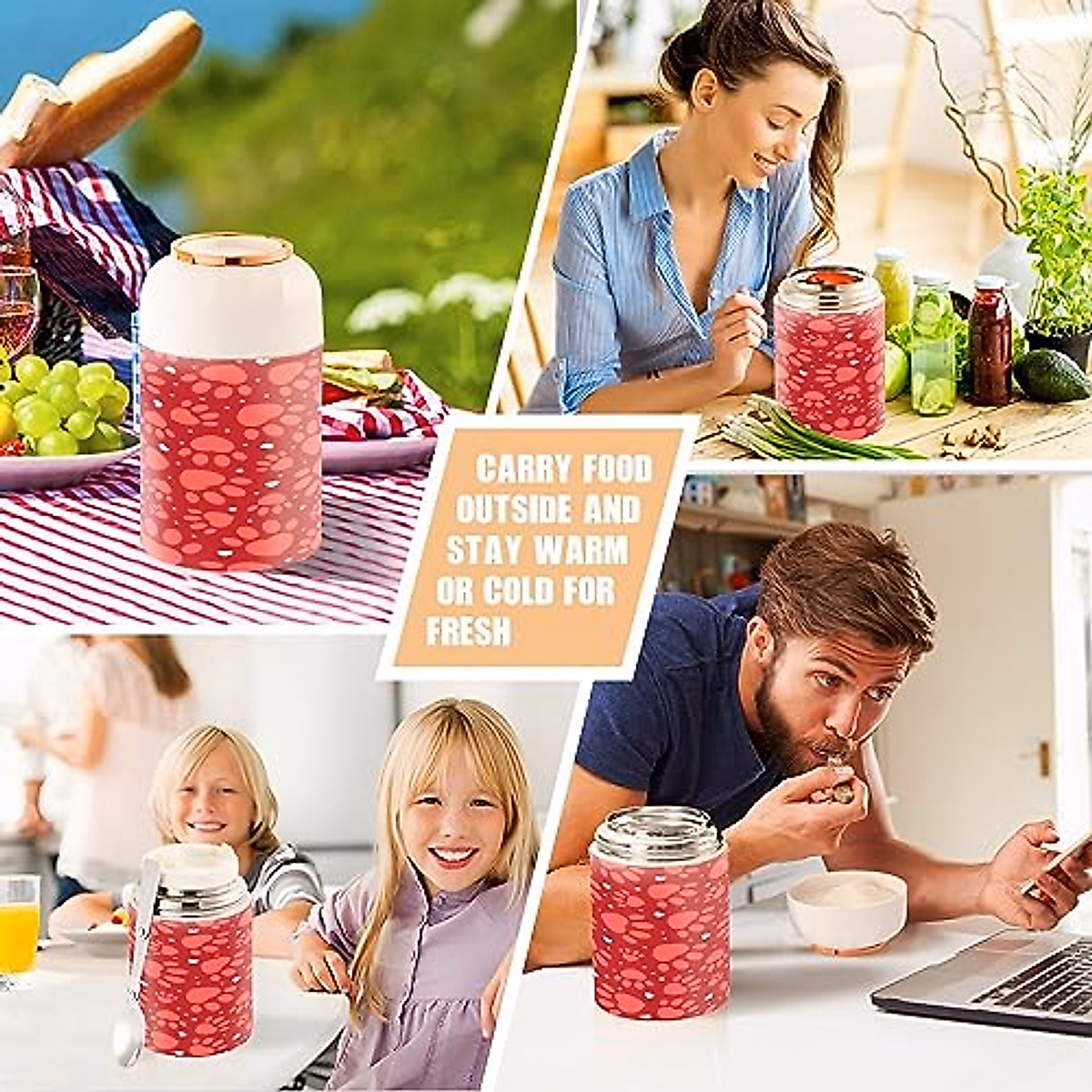 CUPADA Cats Dogs Paw Print Food Jar for Hot and Cold, Insulated Food Jars Vacuum 17OZ with Folding Spoon for Work Trip Picnic Camping