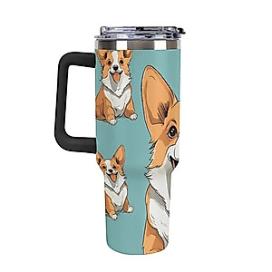 LPSADGF Corgi Cute Dog Insulated Stainless Steel Travel Mug, 40 Oz Tumbler with Handle And Straw Double-Wall Vacuum Coffee Cup, Leak-Proof Lid, Keeps Drinks Hot/Cold for Hours
