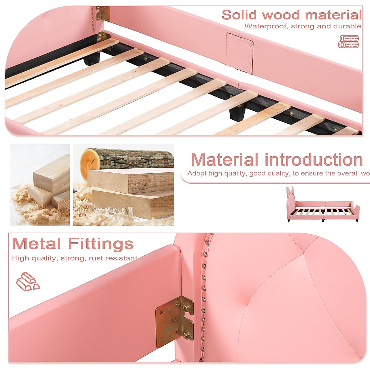 Cute Twin Size Upholstered Daybed, PU Leather Platform Bed with Carton Ears Shaped Headboard, Wooden Slat Supports Bed Frame for Kids, Girls, Boys, Child's Room, No Box Spring Needed (Pink)