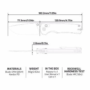 OKNIFE Rubato 4 PEI Folding Knife, CPM-S35VN Steel, 3.04" Blade Amber Handle with Deep Pocket Clip, Drop Point, Rail Lock, Thumb Stud