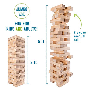 Giantville Giant Tumbling Timber Toy - Premium Pine Wood Life-Size Blocks Tower - Big Floor/Board Indoor/Outdoor Yard Game for Kids & Adults - 60-Pieces + Storage Crate/Platform - Grows to Over 5-Feet