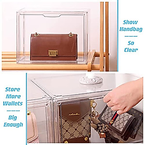 ZLLZUU Purse and Handbag Storage Organizer for Closet, Clear Acrylic Display Case for Collectibles, 3 Pack Plastic Storage Boxes with Magnetic Door for Wallet, Cosmetic, Toys (Large Door)
